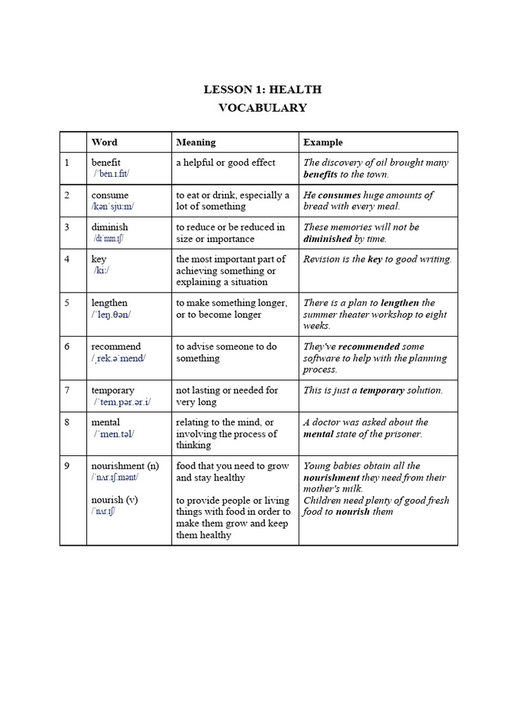 L3. Lesson 1. Vocabulary. Health | PDF