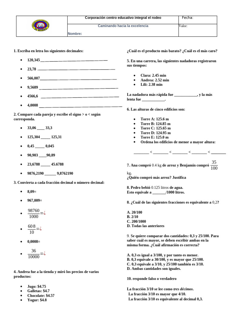 Ejercicios de Matemáticas: Decimales y Fracciones | PDF