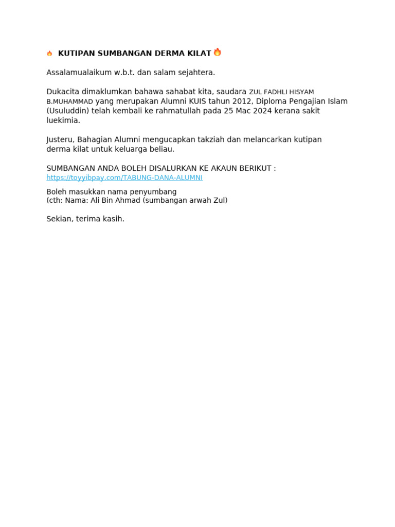 Kutipan Sumbangan Derma Kilat Alumni | PDF