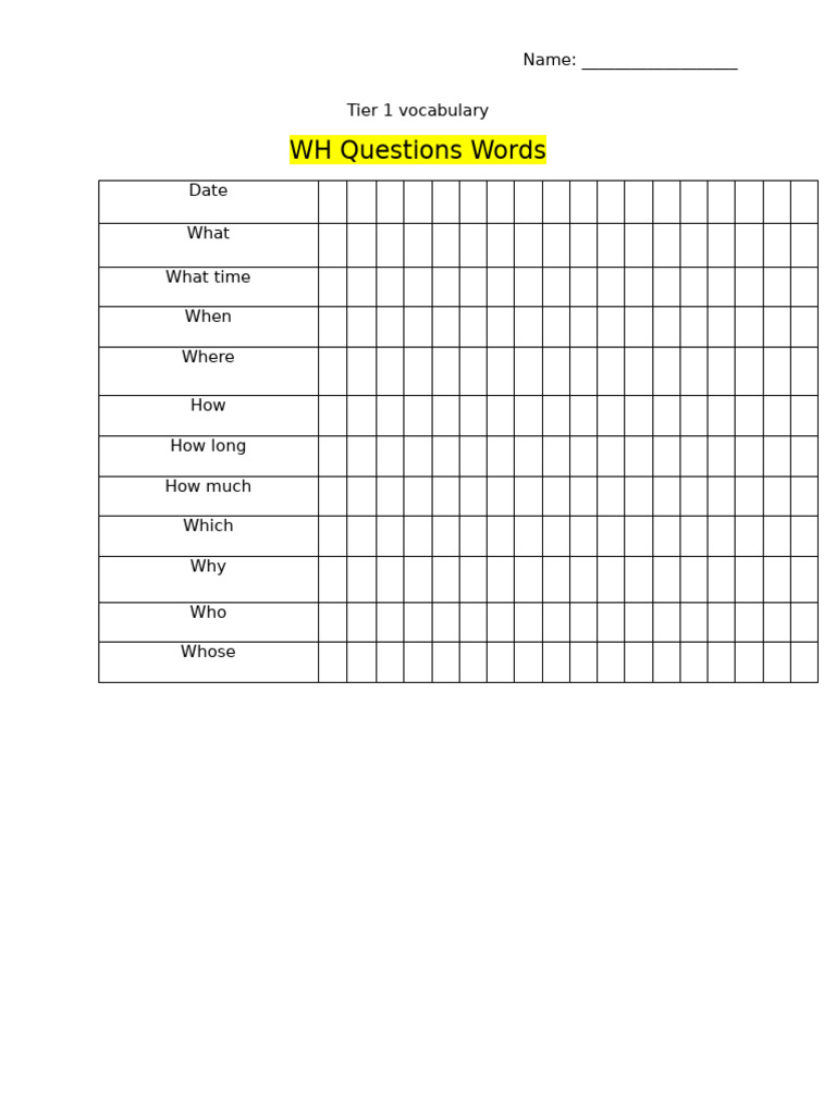WH Questions Words Tier 1 Vocabulary 08142025 | PDF