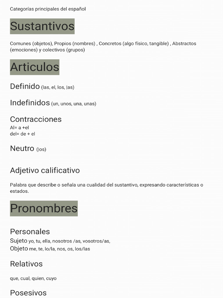 Categorias Principales Del Español | PDF