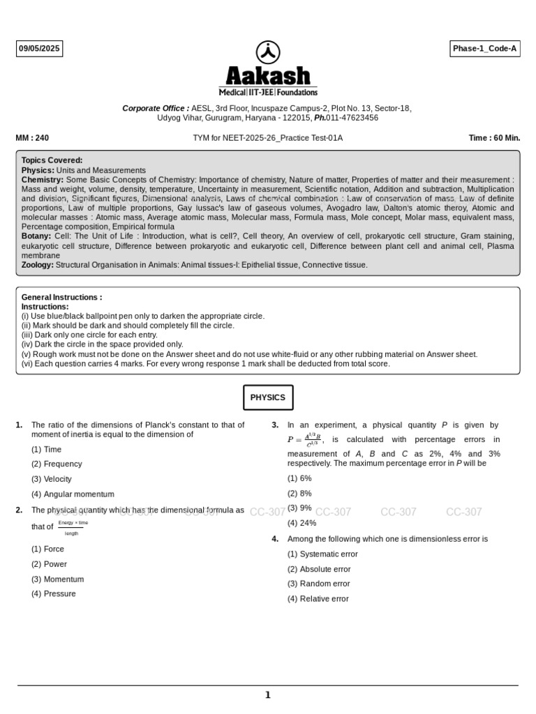TYM For NEET-2025-26 - Practice Test-01A - QP | PDF | Epithelium ...