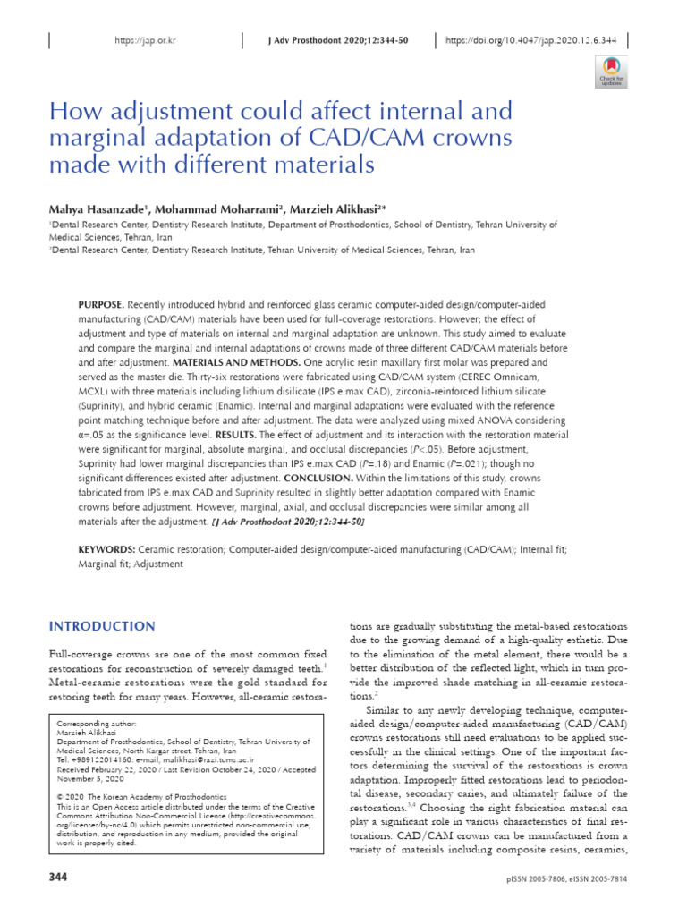 How adjustment could affect internal and marginal adaptation of CAD-CAM ...
