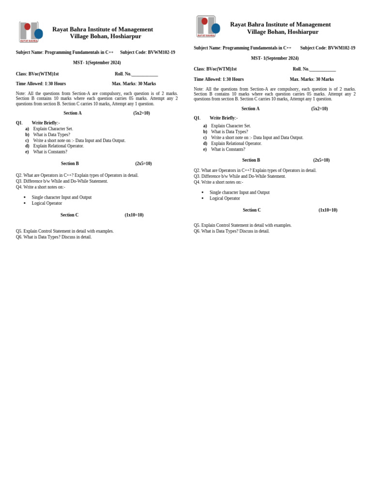 Bvoc MST Question Paper C++ | PDF | Computer Engineering | Computing