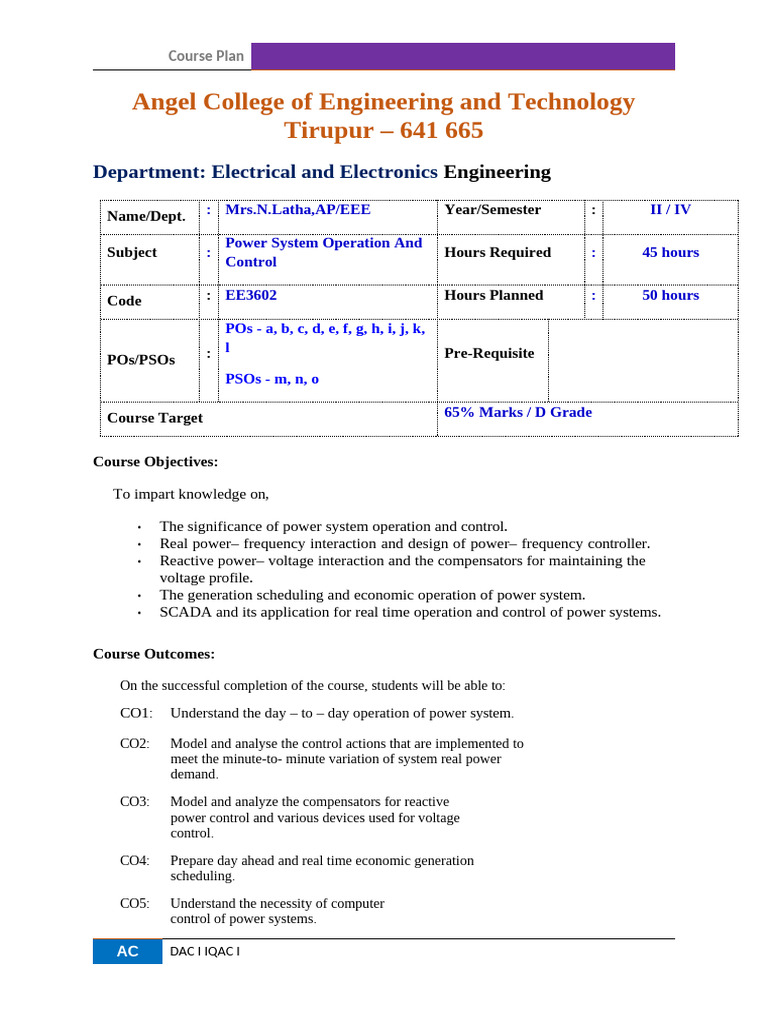 Power System Operation Course Plan | PDF | Ac Power | Physical Quantities
