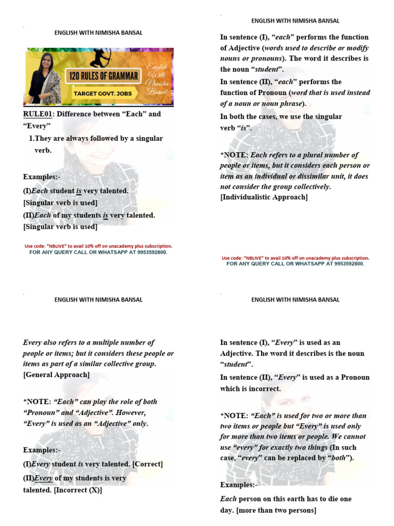 Nimisha Bansal's 120 Grammar Rules | PDF | Grammatical Number | Plural