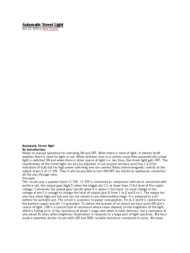 Automatic Street Light Circuit Design | PDF | Resistor | Electrical ...