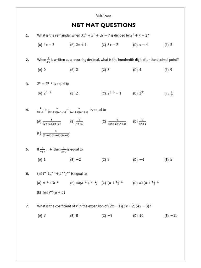 NBT MAT Practice Questions | PDF | Number Theory | Mathematics