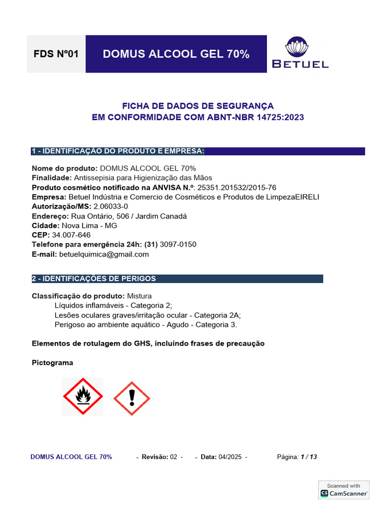 FDS - Domus Alcool Gel 70% 2025 X | PDF | Incêndios | Desperdício
