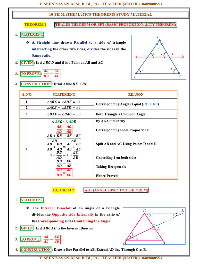 10th Grade Math Theorems Study Guide | PDF | Triangle | Circle
