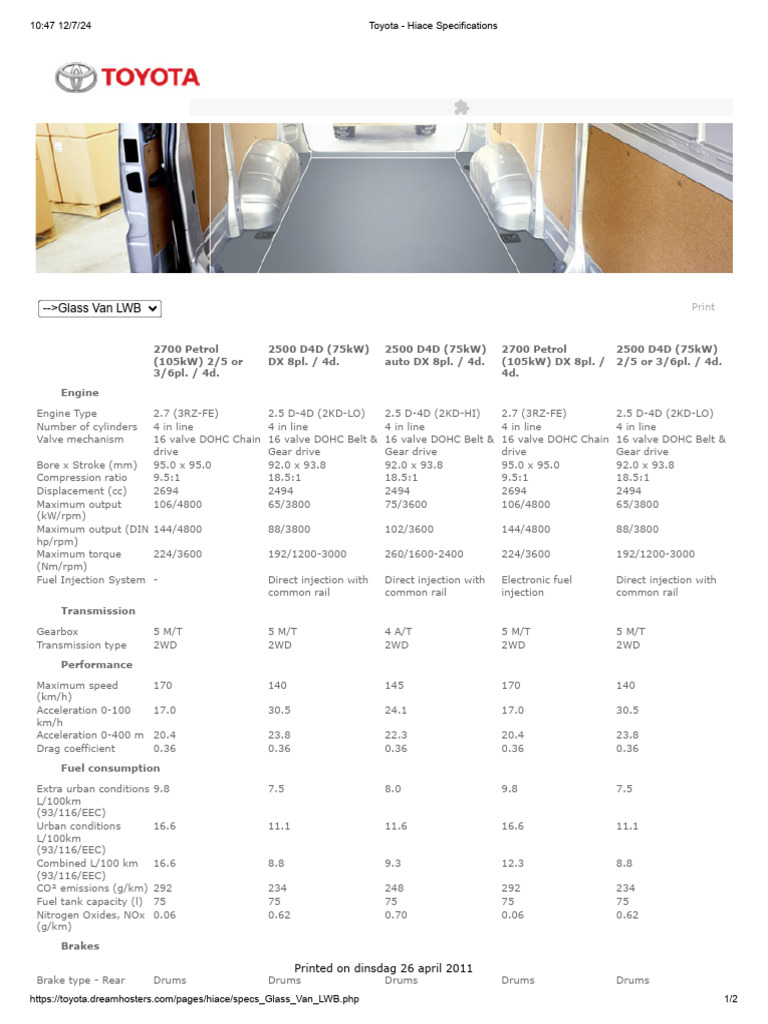 Toyota - Hiace Specifications | PDF | Vehicles | Vehicle Parts