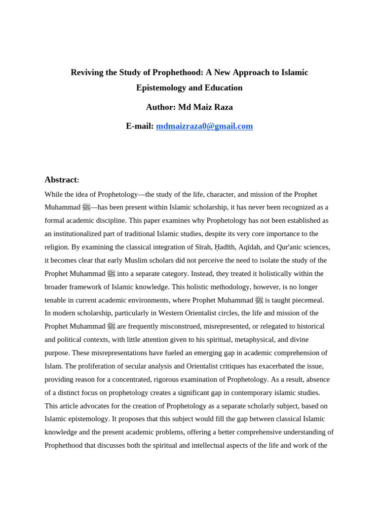 Abstact - Reclaiming Prophetology - A Framework For Islamic Academic Revival - Seeratunnabi2025 ...