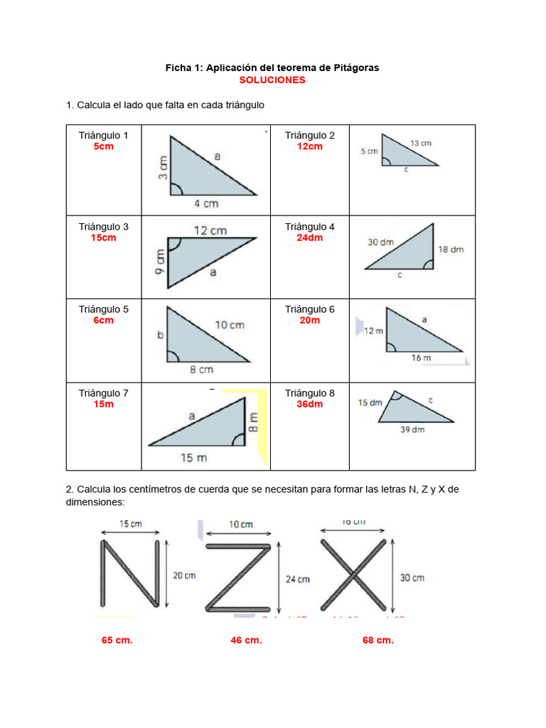 Ficha 1. Aplicación del teorema de Pitágoras SOLUCIONES.docx | PDF