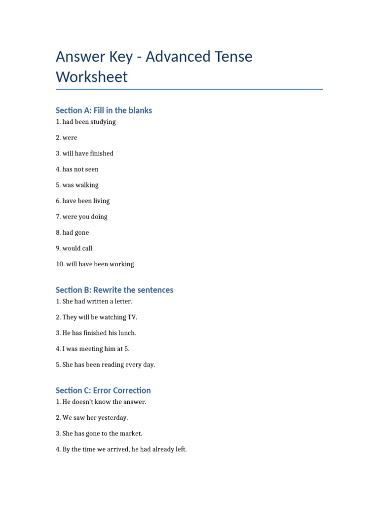 Answer Key Tense Worksheet | PDF