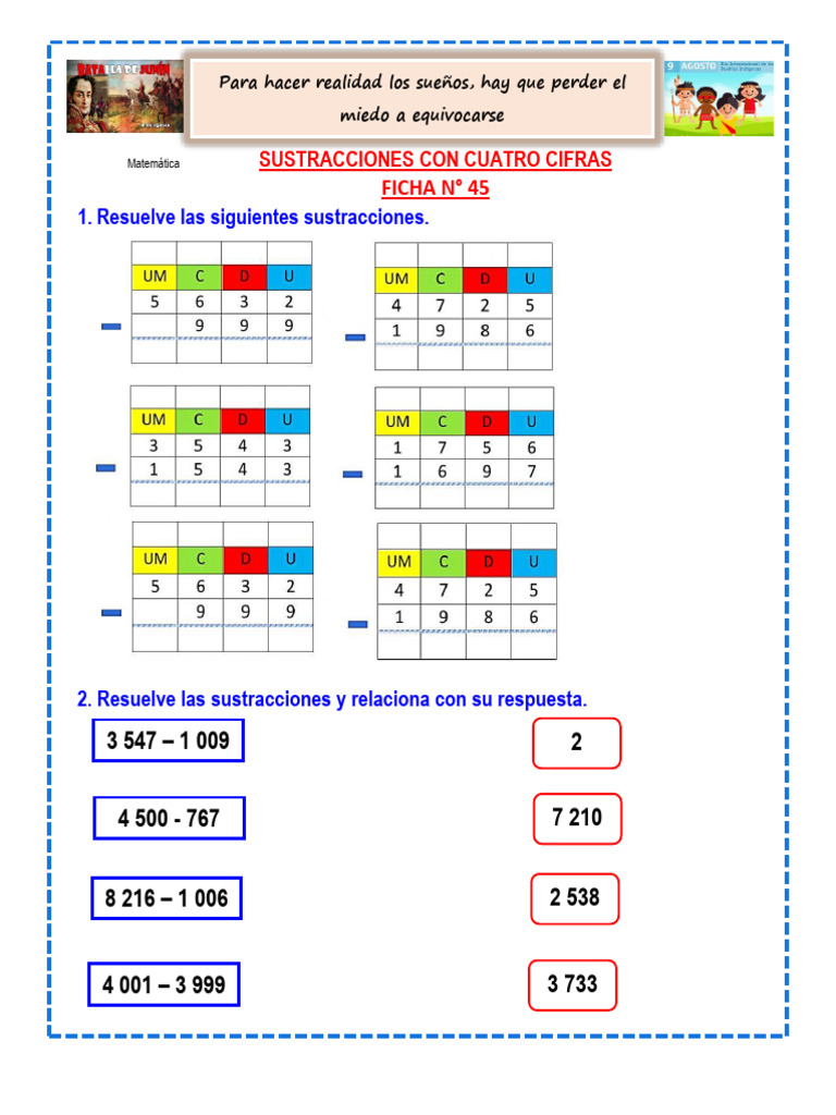 Ficha #45 Sustracciones Con Cuatro Cifras | PDF