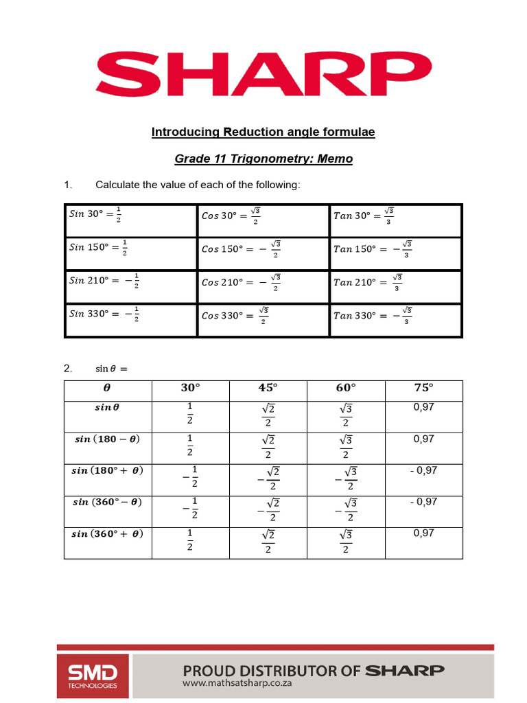Grade 11 Trigonometry Reduction Formulas | PDF | Cartesian Coordinate ...