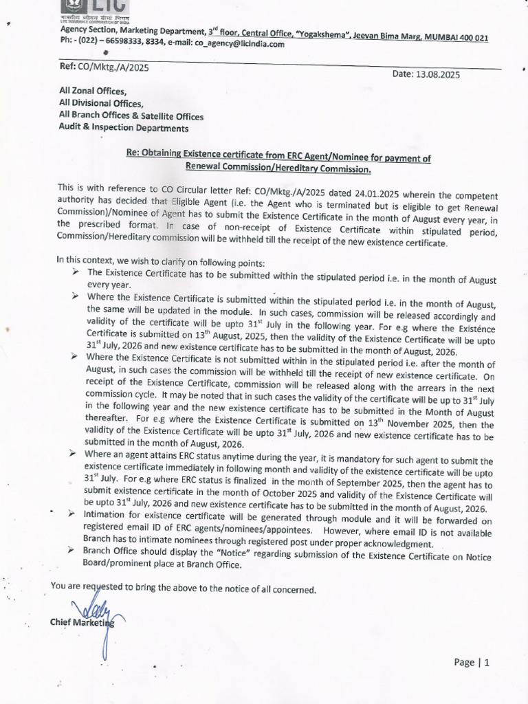 Obtaining Existence Certificate From ERC Agent Nominee For Payment of Renewal Commission ...
