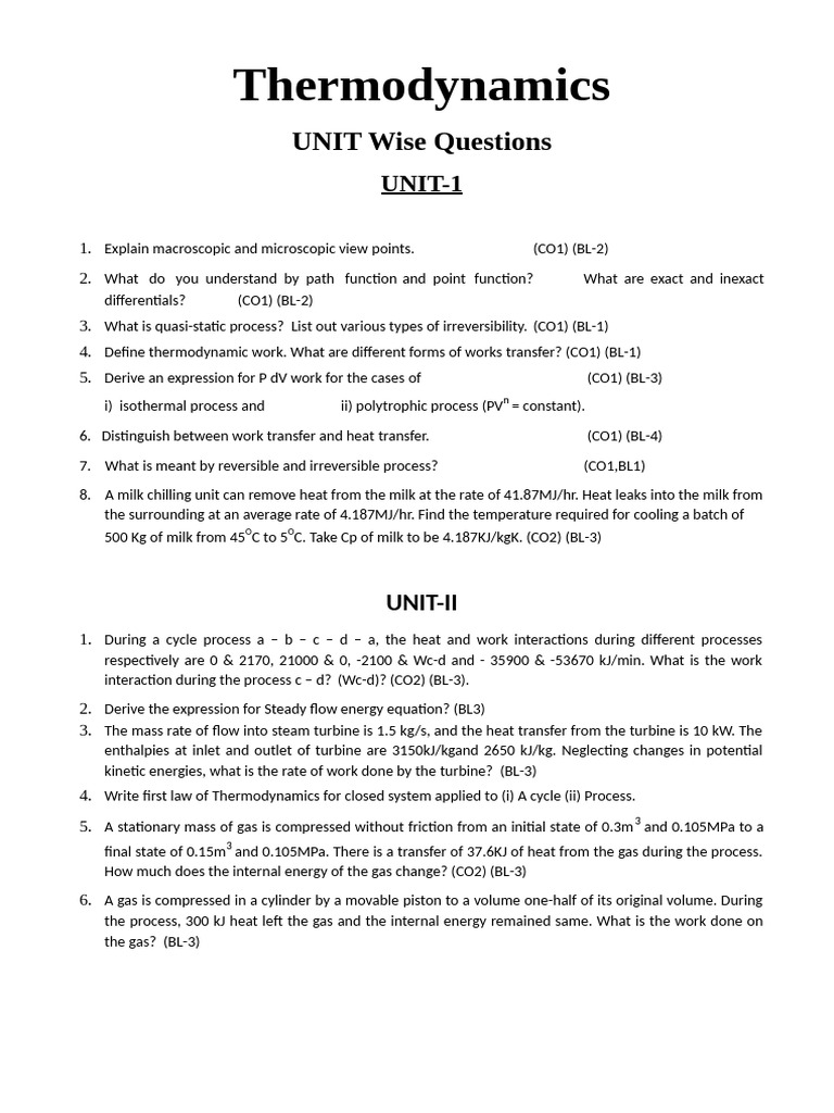 Thermodynamics Unit-Wise Questions Guide | PDF | Heat | Entropy