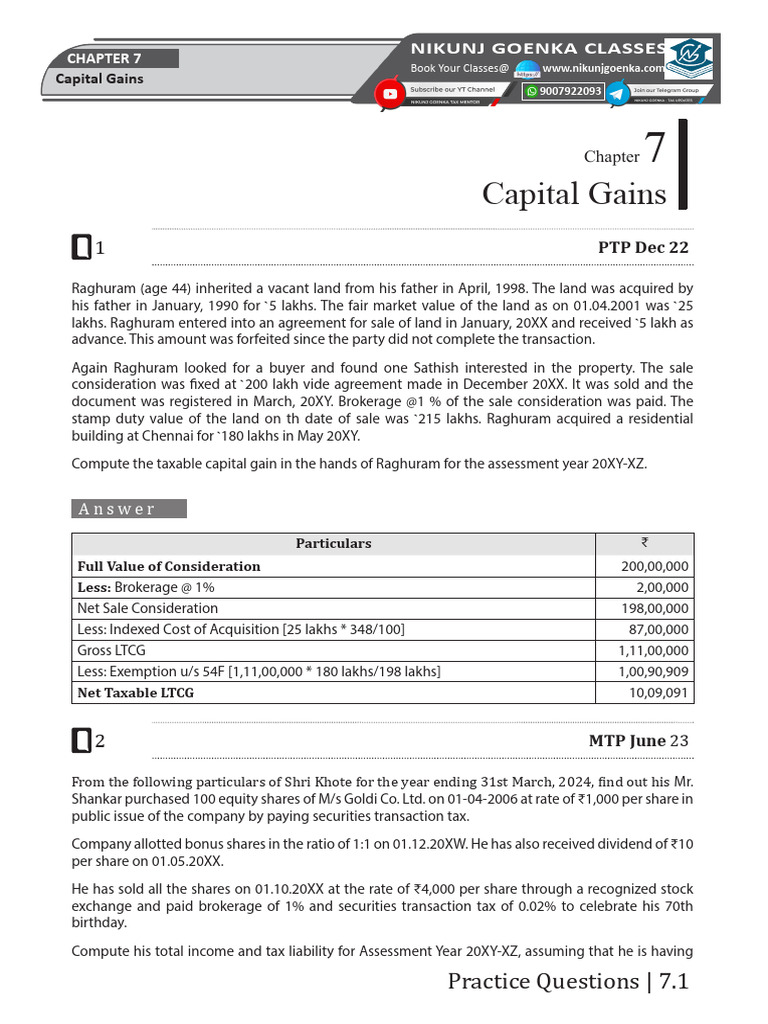 Capital Gains Practice Questions - Nikunj Goenka | PDF | Capital Gains ...