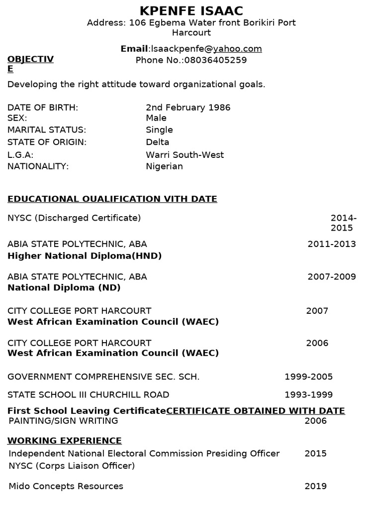Resume of Kpenfe Isaac - Nigerian Professional | PDF