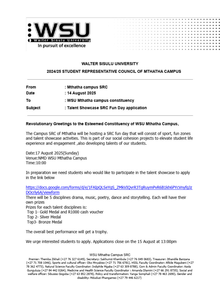 WSU Mthatha SRC Fun Day Talent Showcase | PDF