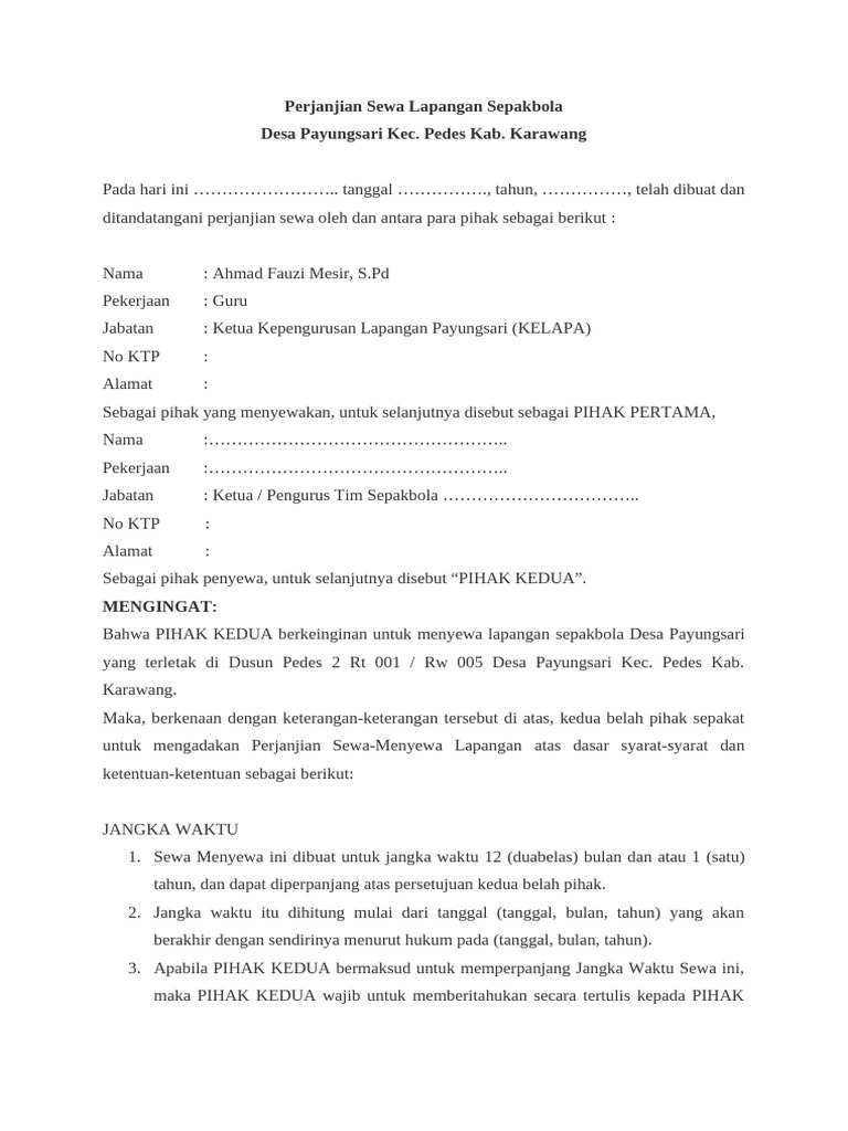 Perjanjian Sewa Lapangan Sepakbola Karawang | PDF