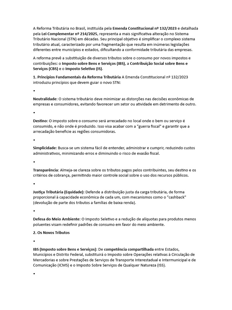 Resumo da Reforma Tributária Brasileira | PDF | Impostos | Economias