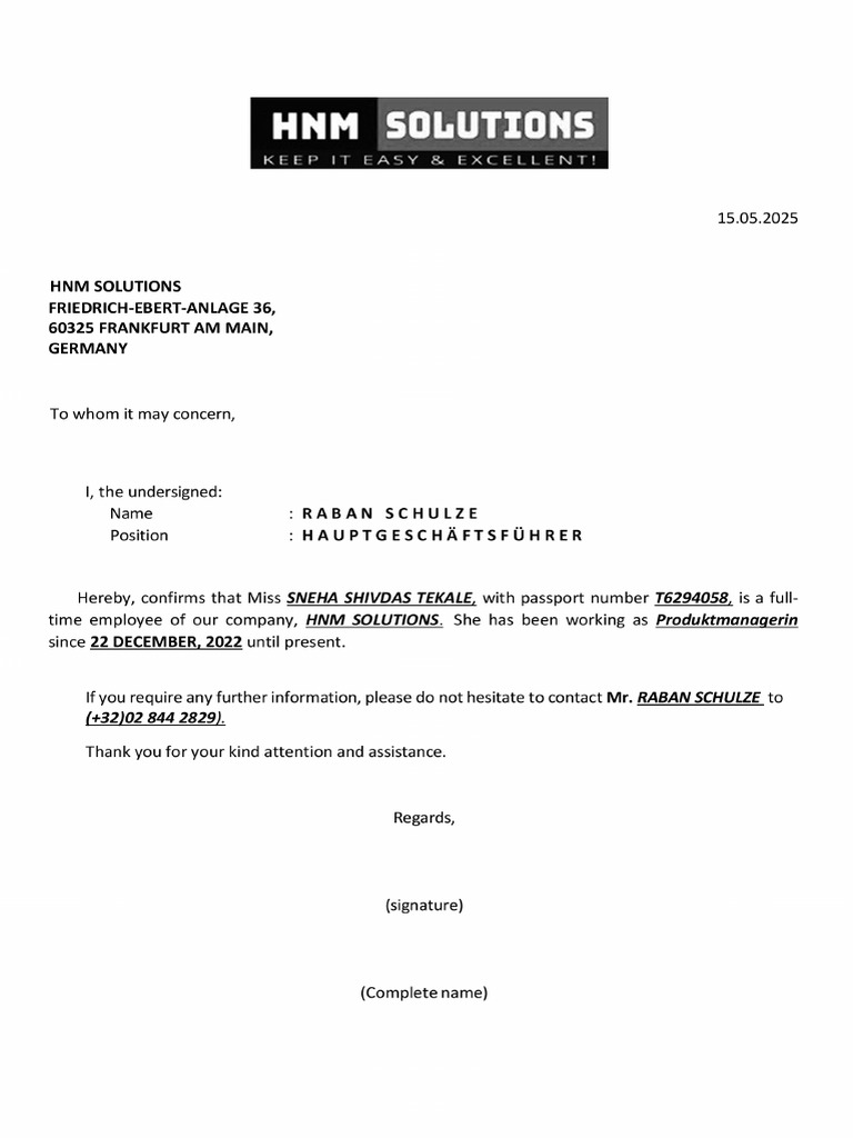 Sneha Tekale Emp Letter PTSP | PDF