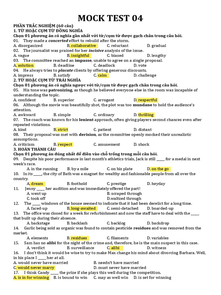 Mock Test: Vocabulary & Reading Skills | PDF | Thought | Psychological ...
