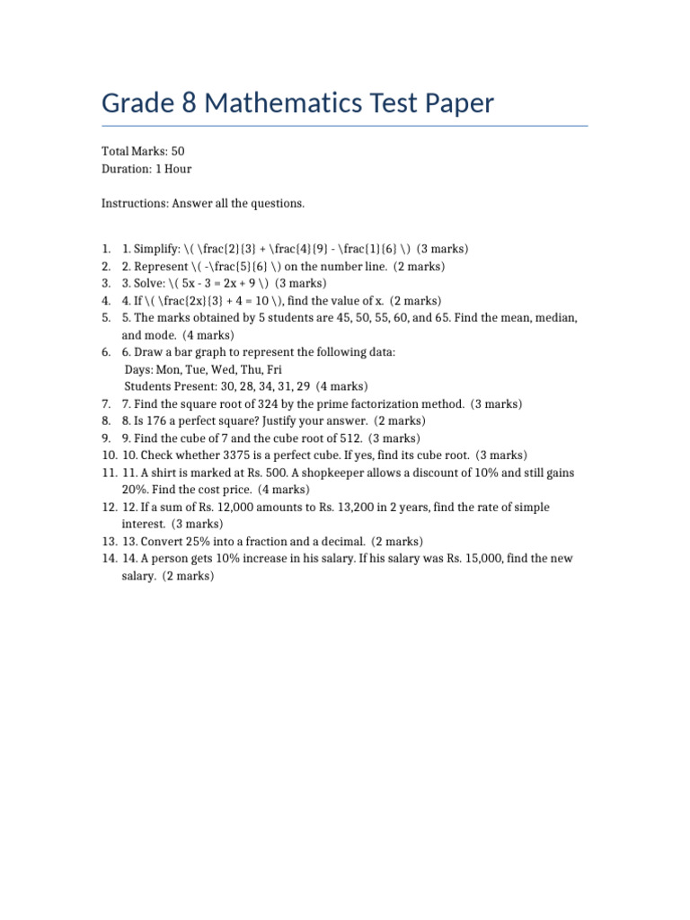Grade 8 Math Full Test Paper | PDF