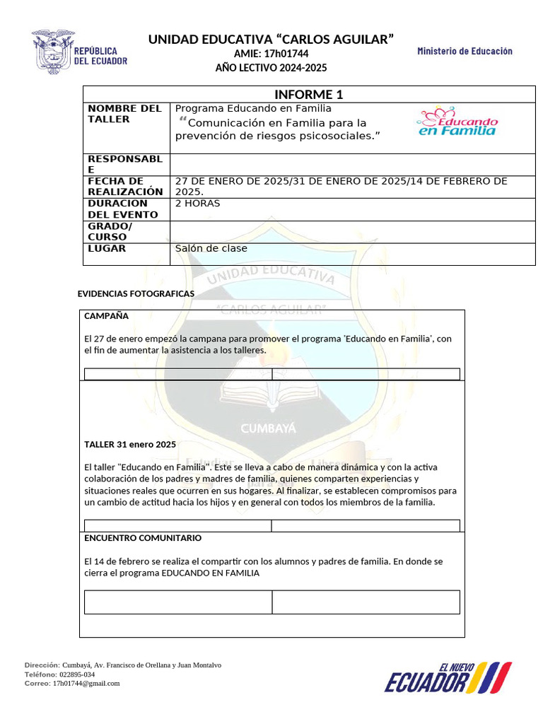 8B-INFORME EDUCANDO EN FAMILIA Unidad Educa | PDF