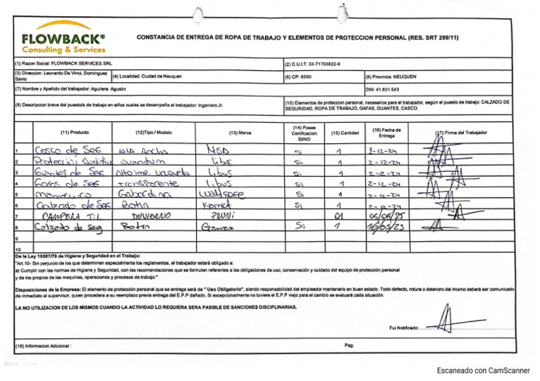 Planilla Ejemplo Entrega EPP | PDF