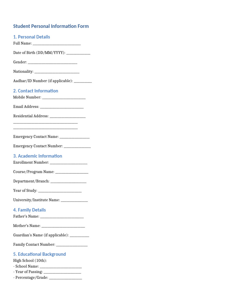 Student Personal Information Form Compact-1 | PDF