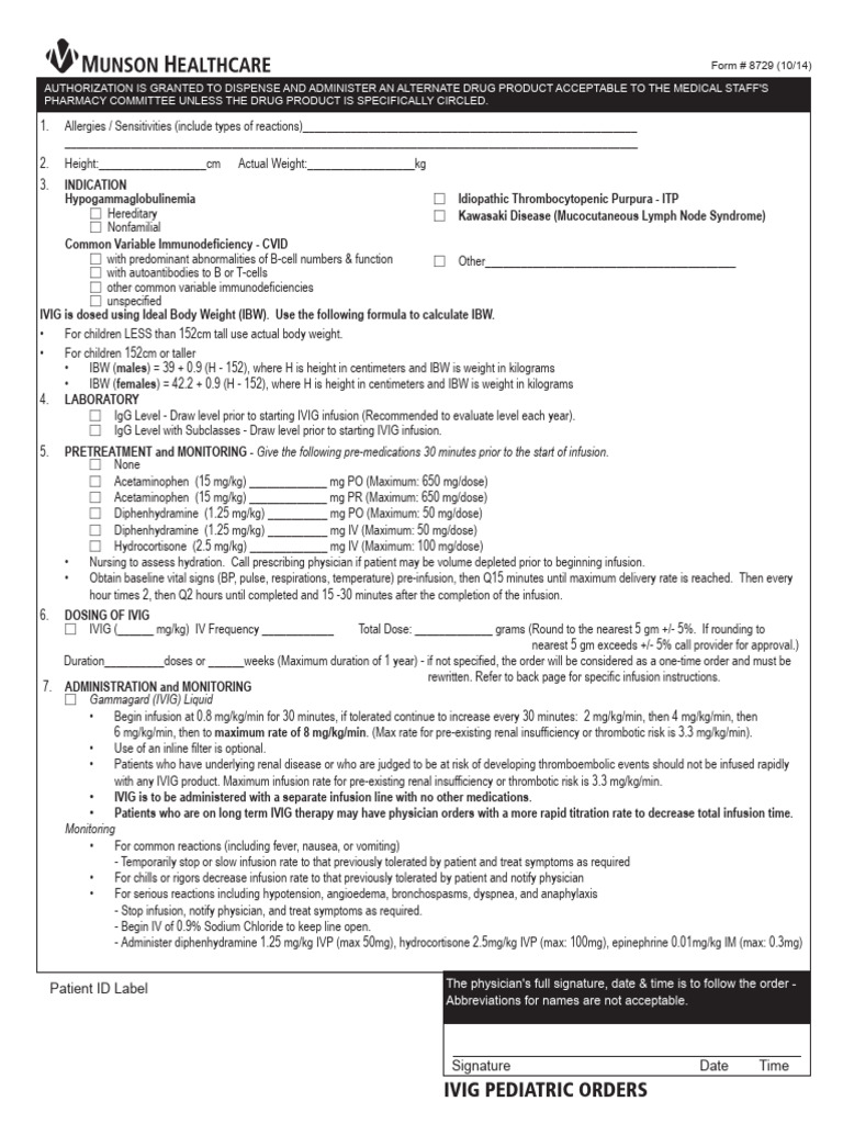 IVIG Pediatric Outpatient Order (Form 8729) | PDF | Intravenous Therapy ...