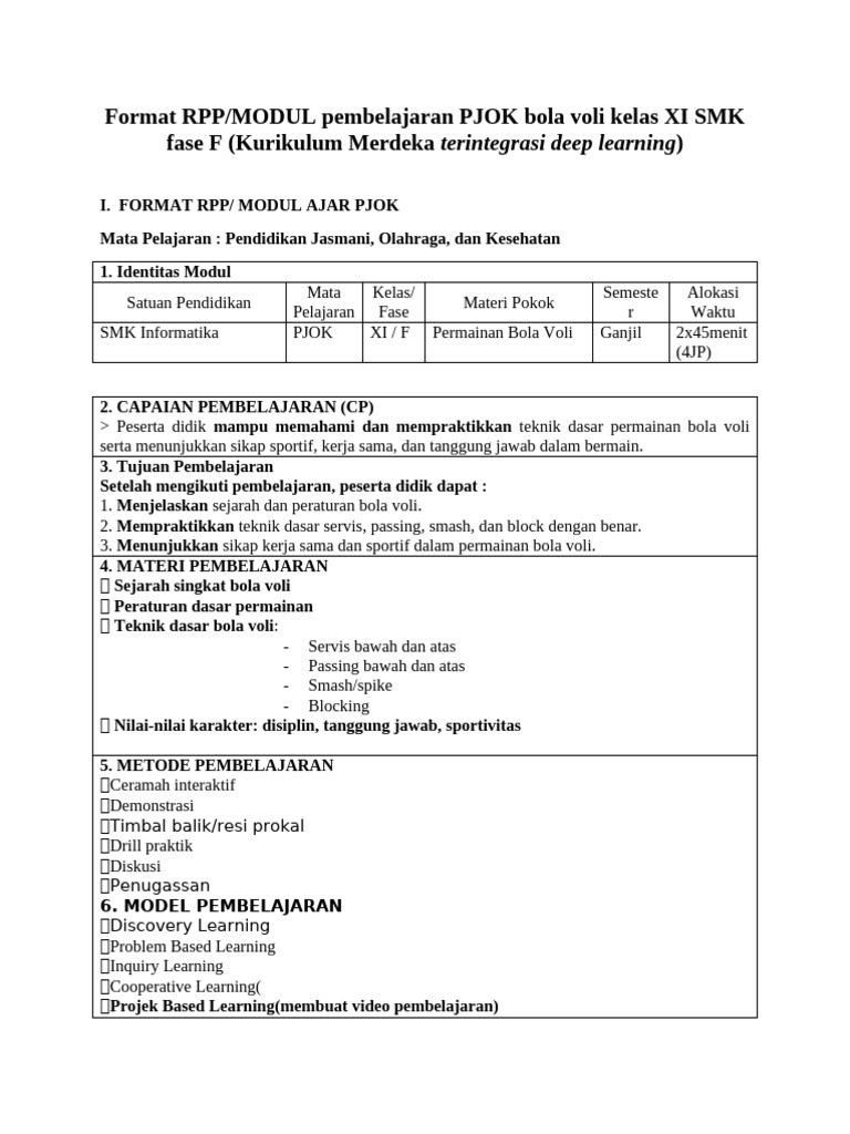 Format RPP Pjok Voli Xi Kurmer | PDF