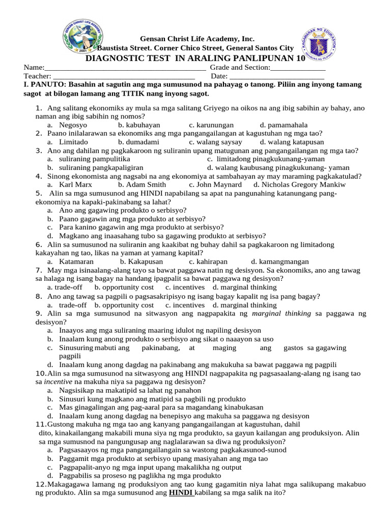 Diagnostic Test - Ap 10-With Format | PDF