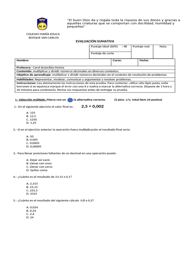 Prueba de Multiplicacion y Division de Decimales para 7 Basico | PDF ...
