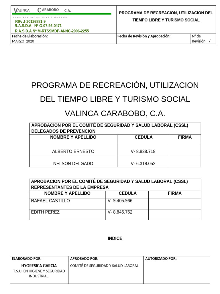 Programa de Recreacion Valinca C, A Correccion Final | PDF | Seguridad y salud ocupacional | Turismo