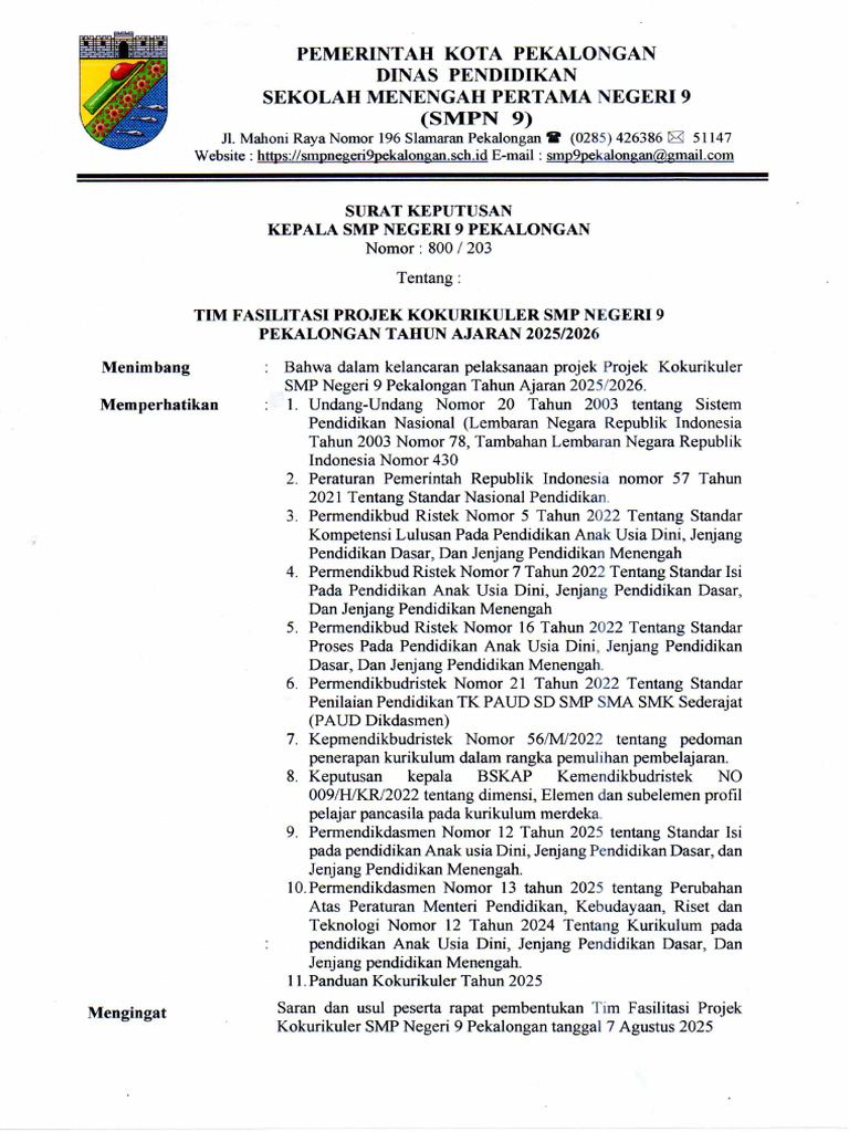 SK Tim Fasilitasi Projek Kokurikuler SMP N 9 | PDF