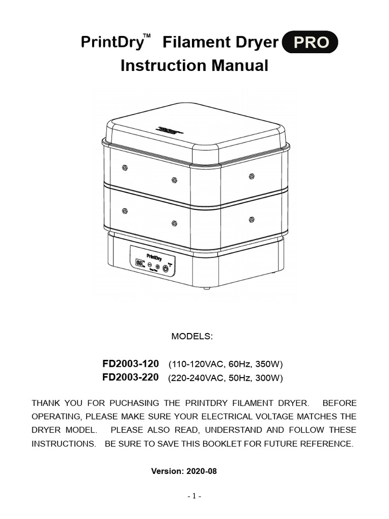 PrintDry FD2003 Filament Dryer Manual | PDF | Clothes Dryer