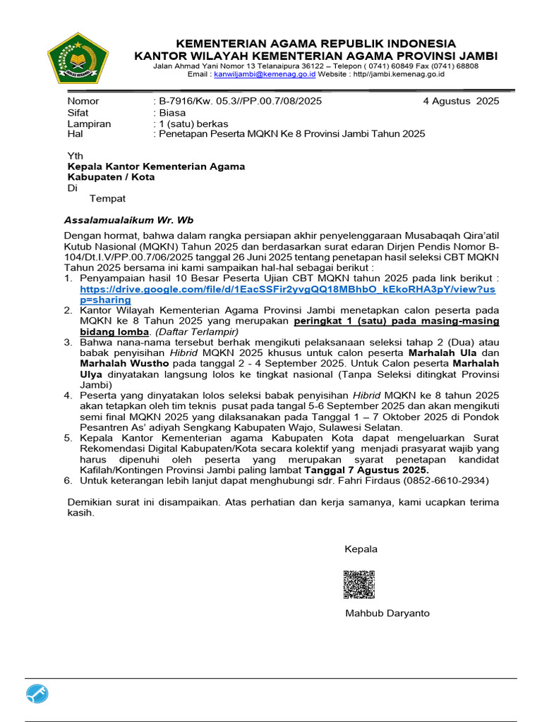 Surat Penetapan Peserta MQKN Kabkota - Signed | PDF