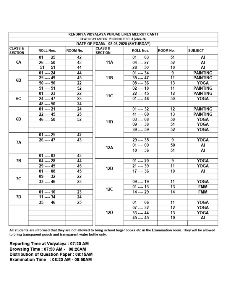 Seating Plan for Periodic Test 2025 | PDF
