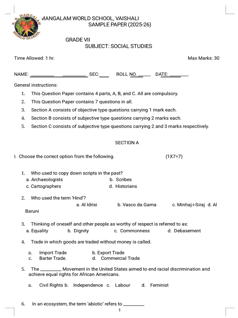 Class 7 SST Sample Paper 2025-26 | PDF
