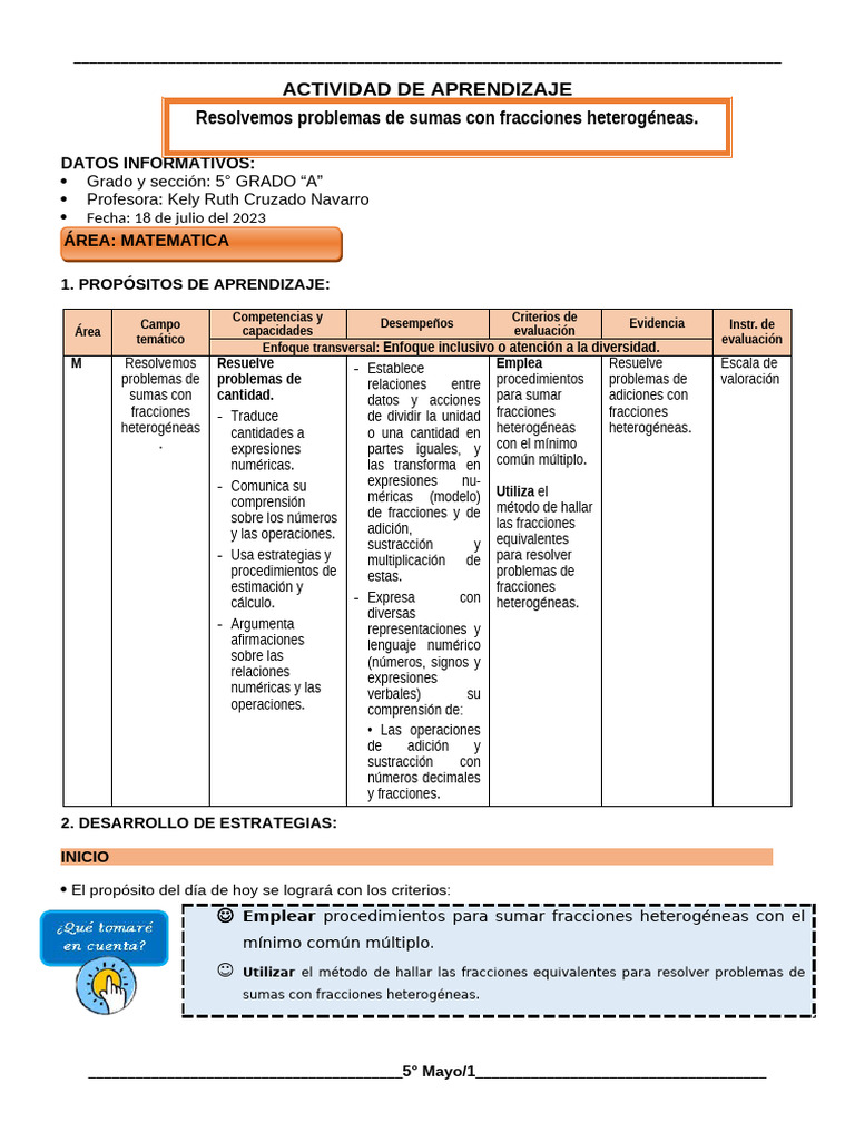 5°_GRADO_-_ACTIVIDAD_MATEMATICA- SUMA DE FRACCIONES HETEROGENEAS-DEL_31_DE__MAYO | PDF ...