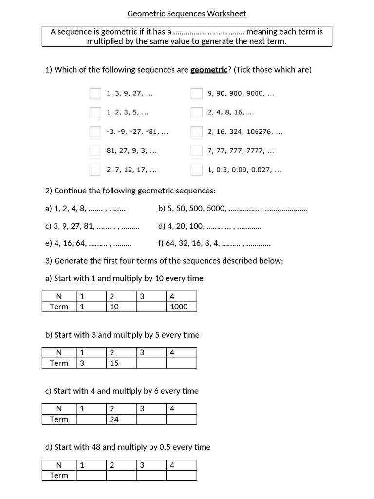 Geometric Sequences Worksheet | PDF