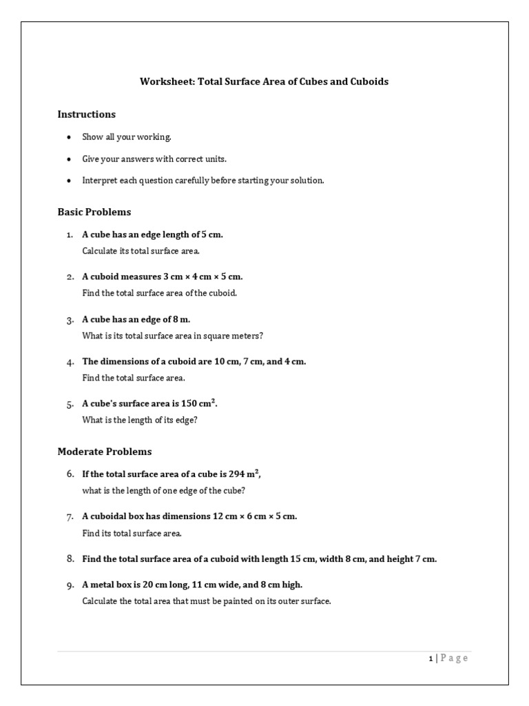 Total Surface Area of Cubes and Cuboids - Worksheet | PDF