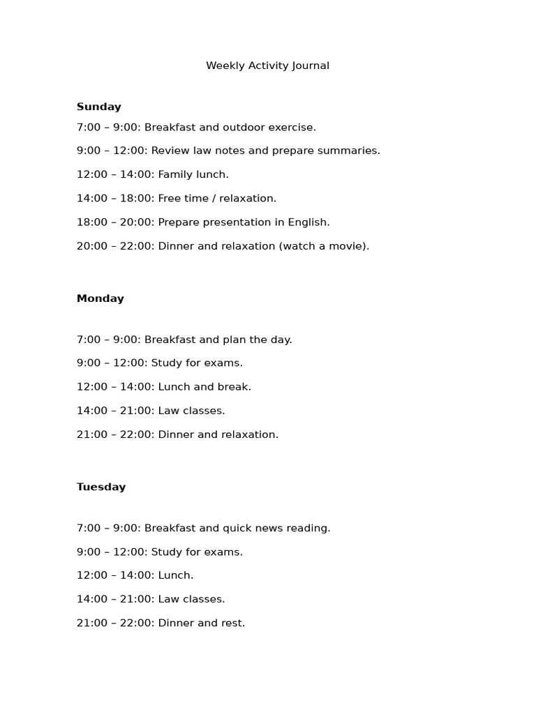 Weekly Activity Journal | PDF