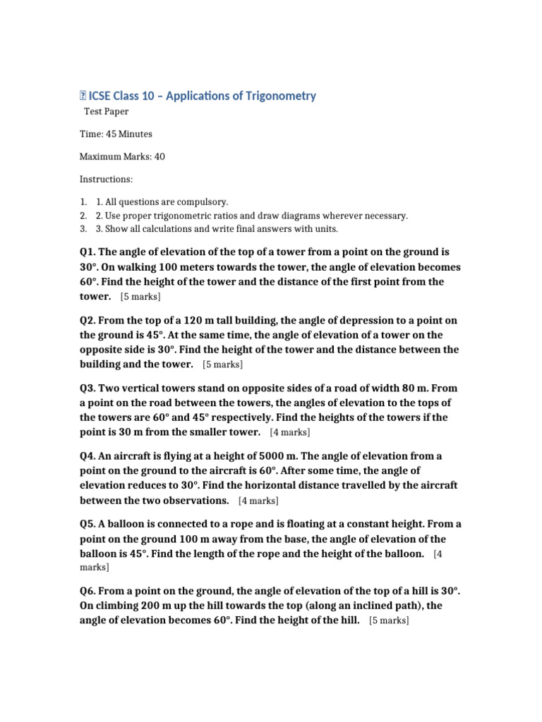 Applications of Trigonometry Test ICSE Class10 | PDF