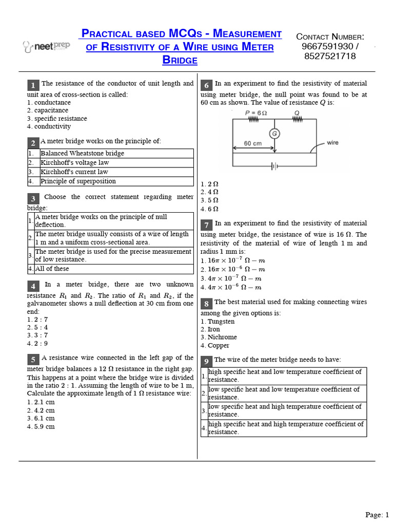 Practical Based MCQs Measurement of Resistivity of A Wire Using | PDF ...