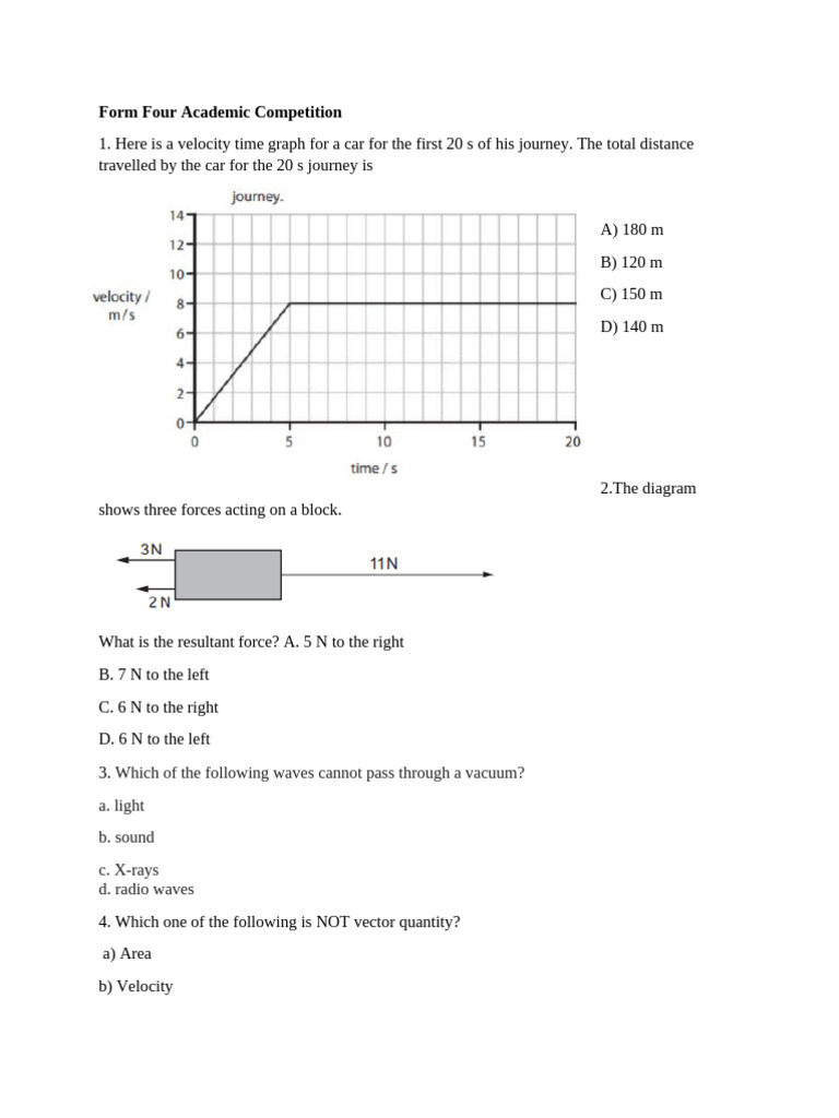 Form Four Physics Competition Questions | PDF | Force | Acceleration